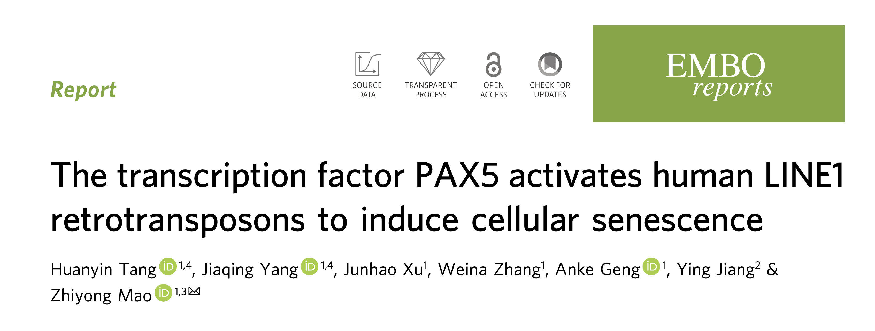 EMBO Rep | 毛志勇团队发现转录因子PAX5激活人类LINE1逆转录转座子诱导细胞衰老