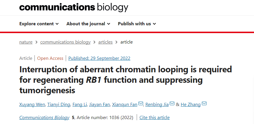 Communications Biology | 张赫教授团队合作揭示pRB功能再生的染色体构象调控新机制