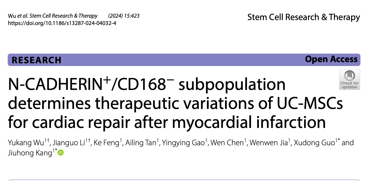 Stem Cell Research & Therapy | 康九红课题组发现脐带间充质干细胞中的N-CADHERIN+/CD168-细胞亚群 ...